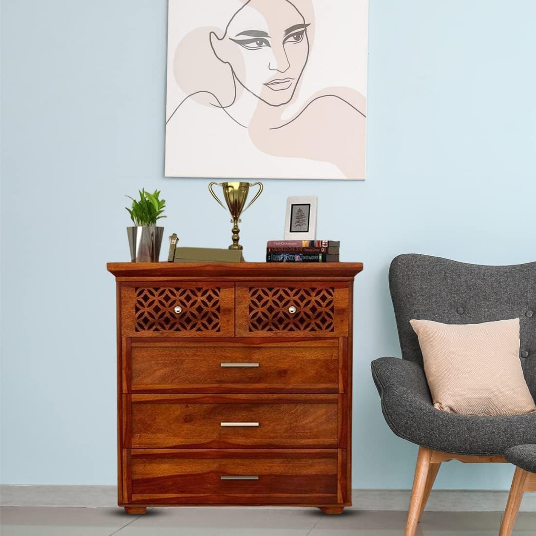 MoonWooden Solid Sheesham Wood Chest Table with 5 Drawers Storage ...