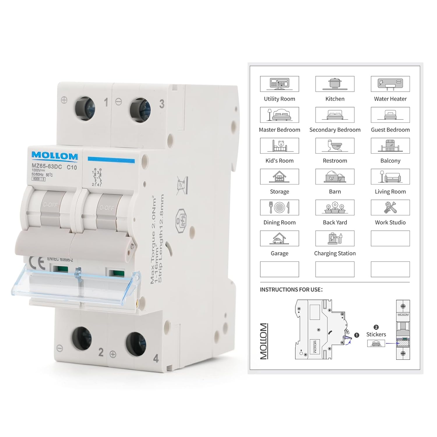 MOLLOM DC 2 Pole Miniature Circuit Breaker, 1000V 10Amps, C10 Scene ...