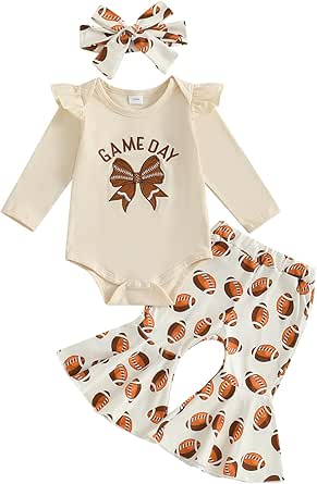 Amazon.com: Infant Baby Girl Outfit Football Bow Romper Embroidery Flare Pants Headband 3Pcs ...
