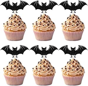 Amazon.com: 24 PCS Black Glitter Bat Cupcake Toppers Halloween Bat ...