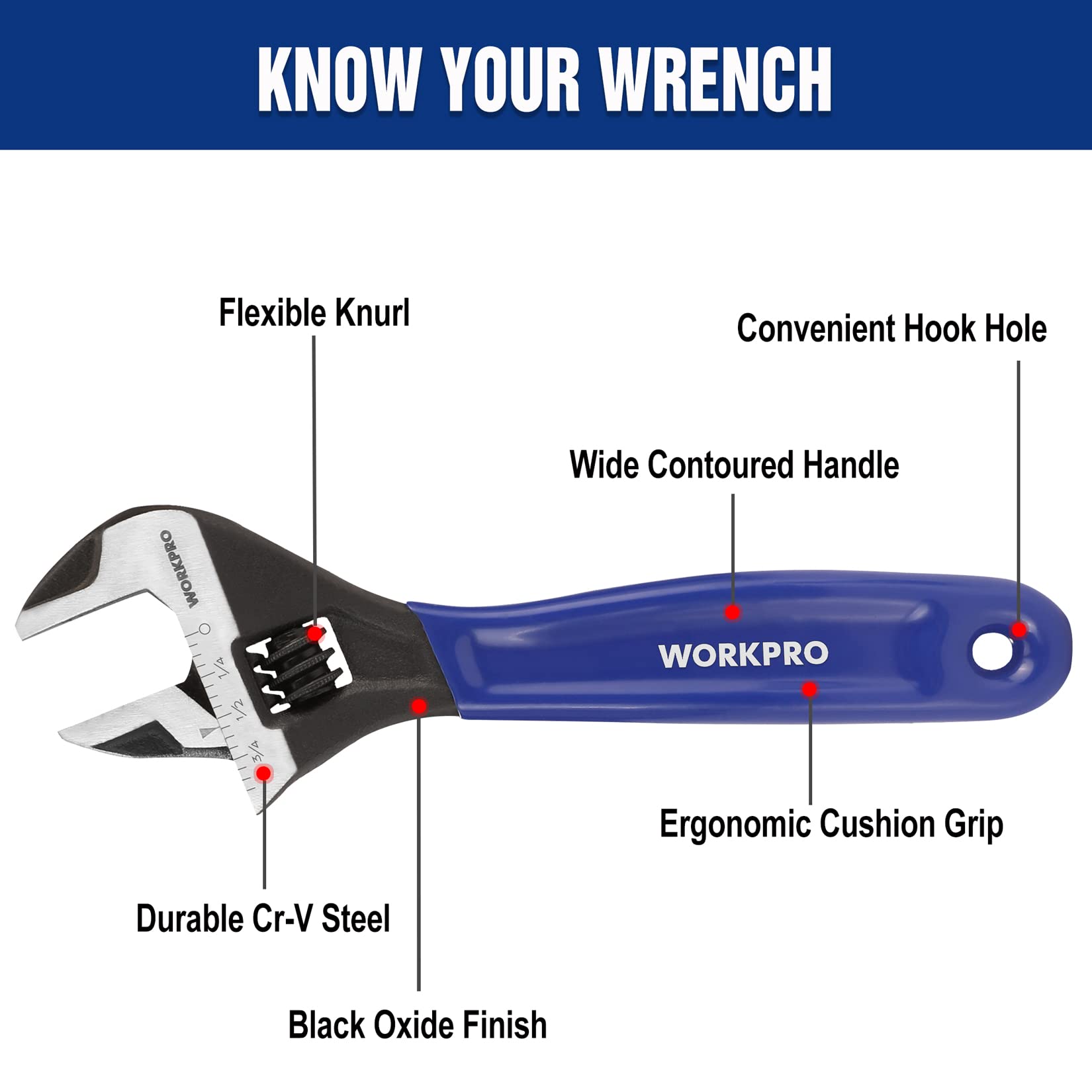 Snapklik.com : WORKPRO 6-Inch Adjustable Wrench, Wide Jaw Cr-V Steel ...