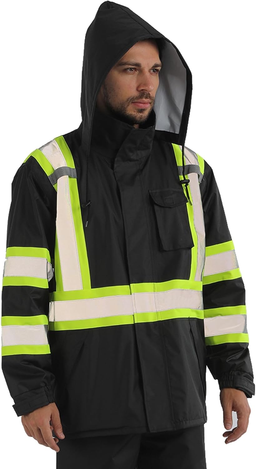 sesafety Hi Vis Rain Jacket, Rain Suits for Men Waterproof withBlack ...