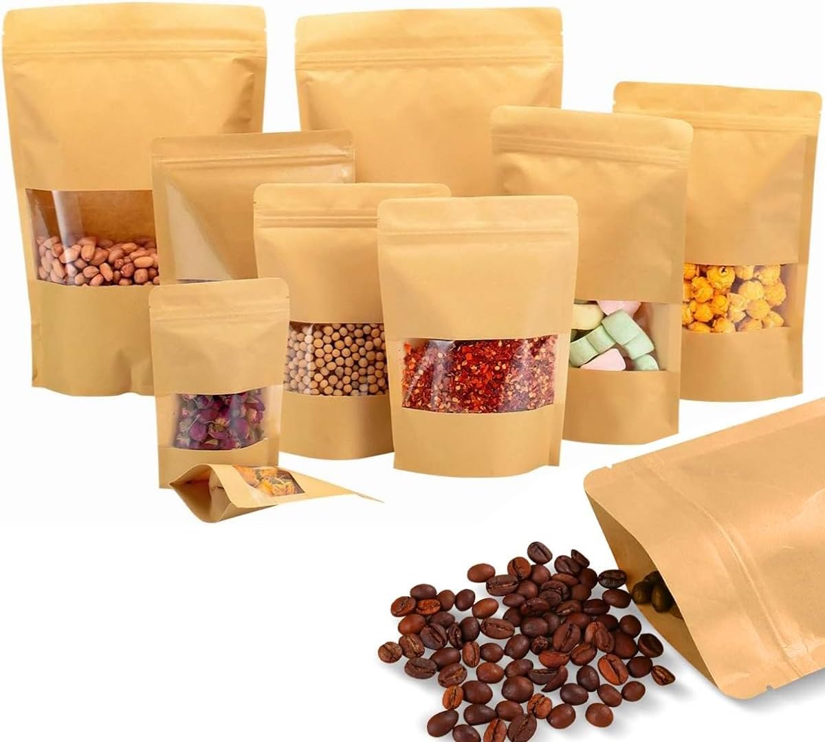 Wonninek Kraft Paper Zipper Pouch Bags with Window, 100 Pcs Kraft Stand ...
