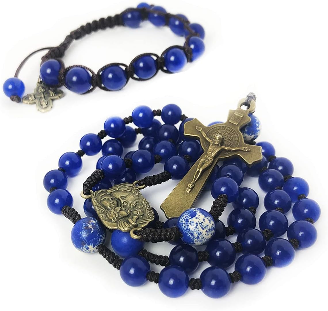 Amazon.com: Holy Family Blue Jade and Sandstone Cord Rosary & Rosary ...