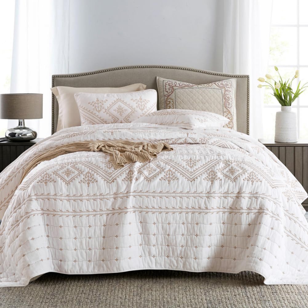 Amazon.com: LEAONME 100% Cotton 3-Piece Quilt Set White Full Queen Size Lightweight Bedspread ...