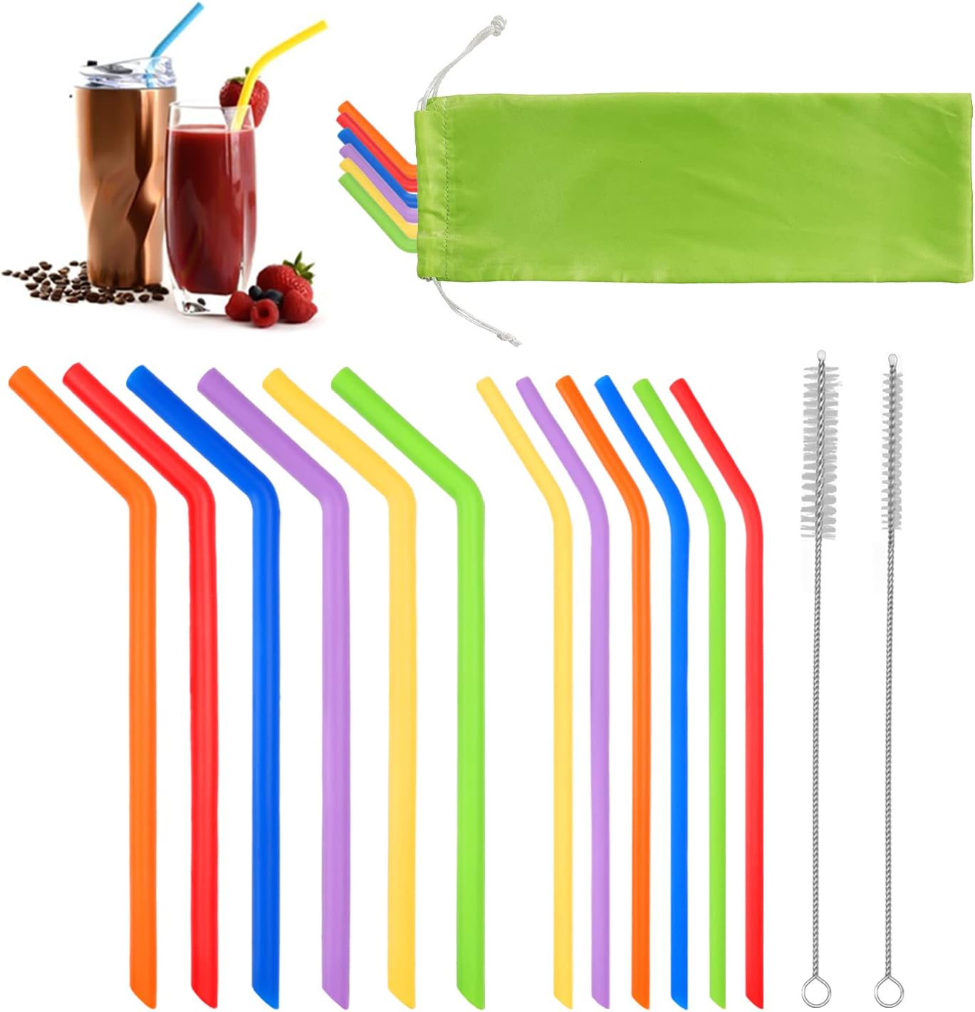 2 Sizes Reusable Silicone Straws - 12 Pcs Smoothie Straws Bend Soft ...