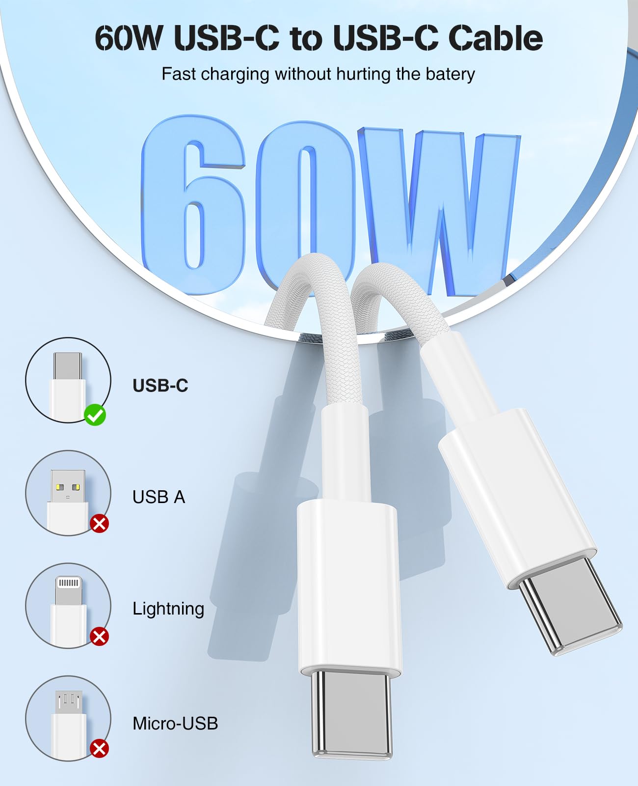 Snapklik.com : USB C To USB C Charger Cable 6FT, 3A 60W Type C To Type ...