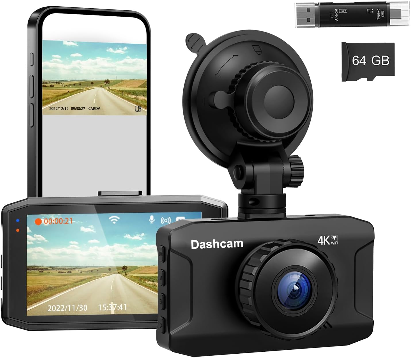 Amazon.com: Dash Cam, 4K Dash Camera for Cars with WiFi,64GB SD Card ...