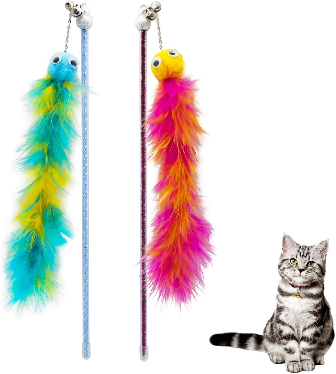 Andiker Cat Feather Toys, 2 PCS Cat Wand Toys with Bell&Plush Balls ...