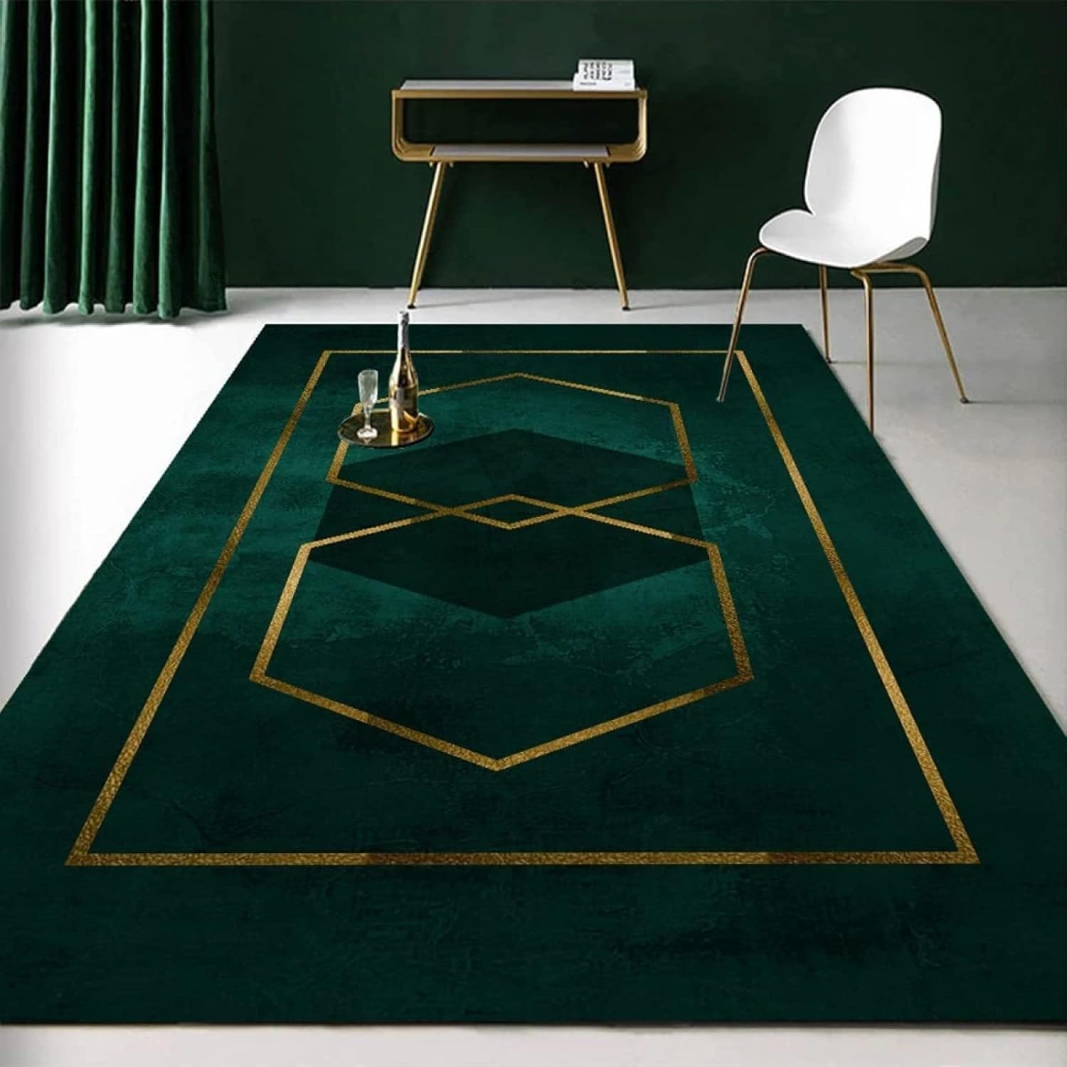 Amazon.com: Emerald Green Gold Geometric Area Rugs, Golden Lines On ...
