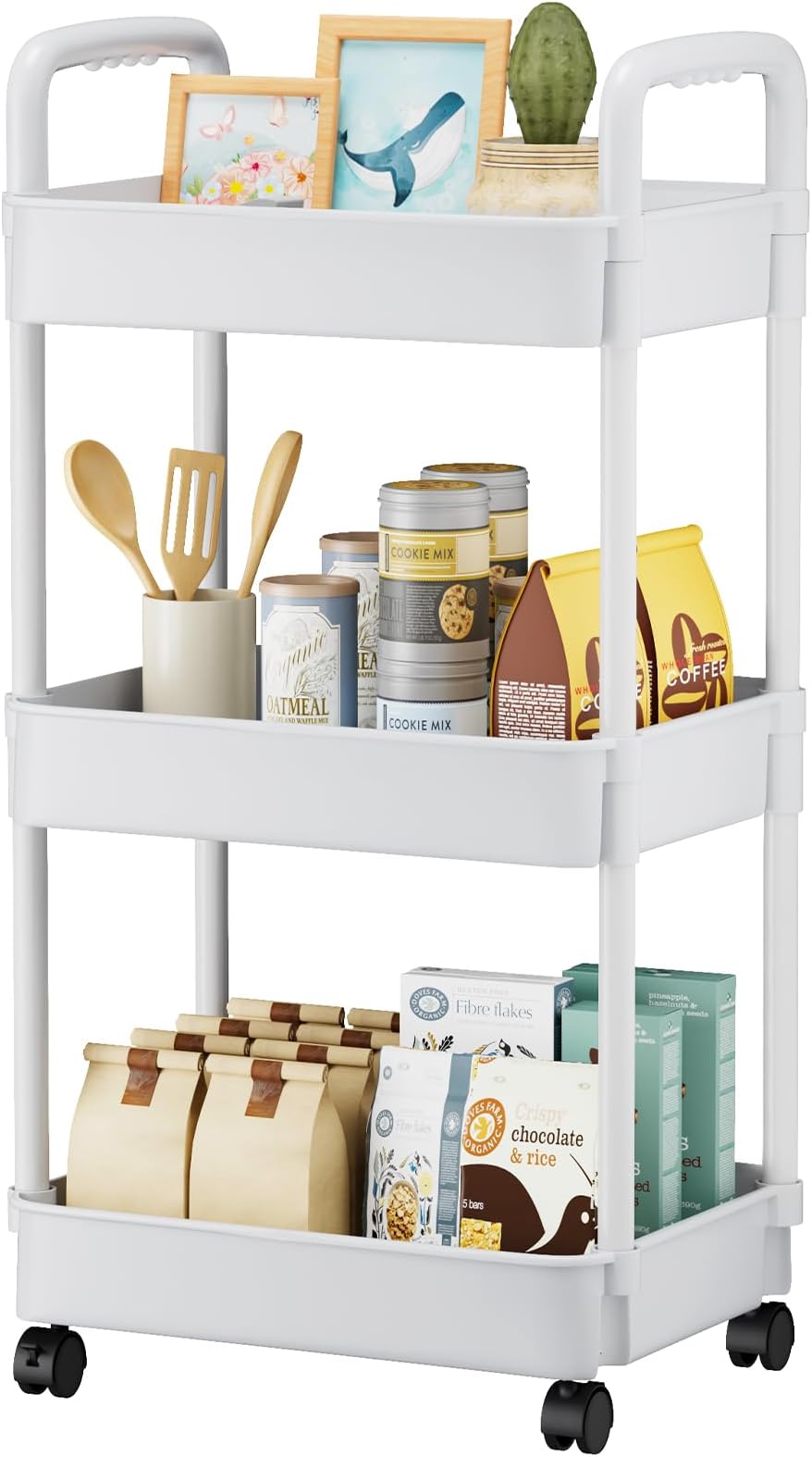 3-tier Storage Trolley On Wheels - Kitchen Storage Utility Cart Rolling ...