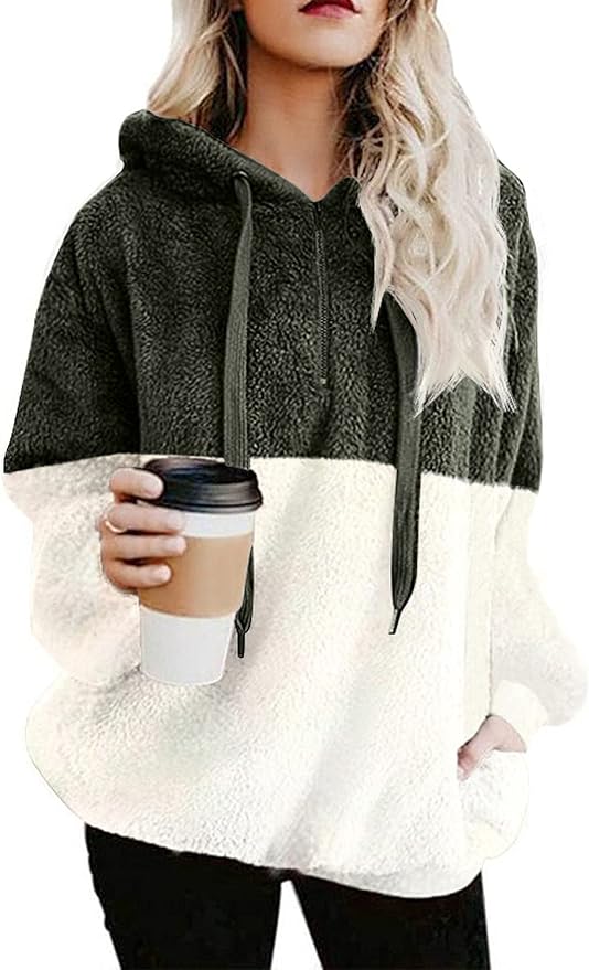 onlypuff Womens Fuzzy Long Sleeve Drawstring Hoodies Sherpa Pullover Sweaters Winter Warm Tunic ...