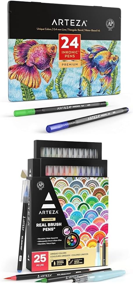Amazon.com: ARTEZA Inkonic Fineliner Pens, Set of 24 and Real Brush ...