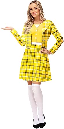 Amazon.com: Halloween Women Cher Costume Yellow Clueless Plaid Outfit ...