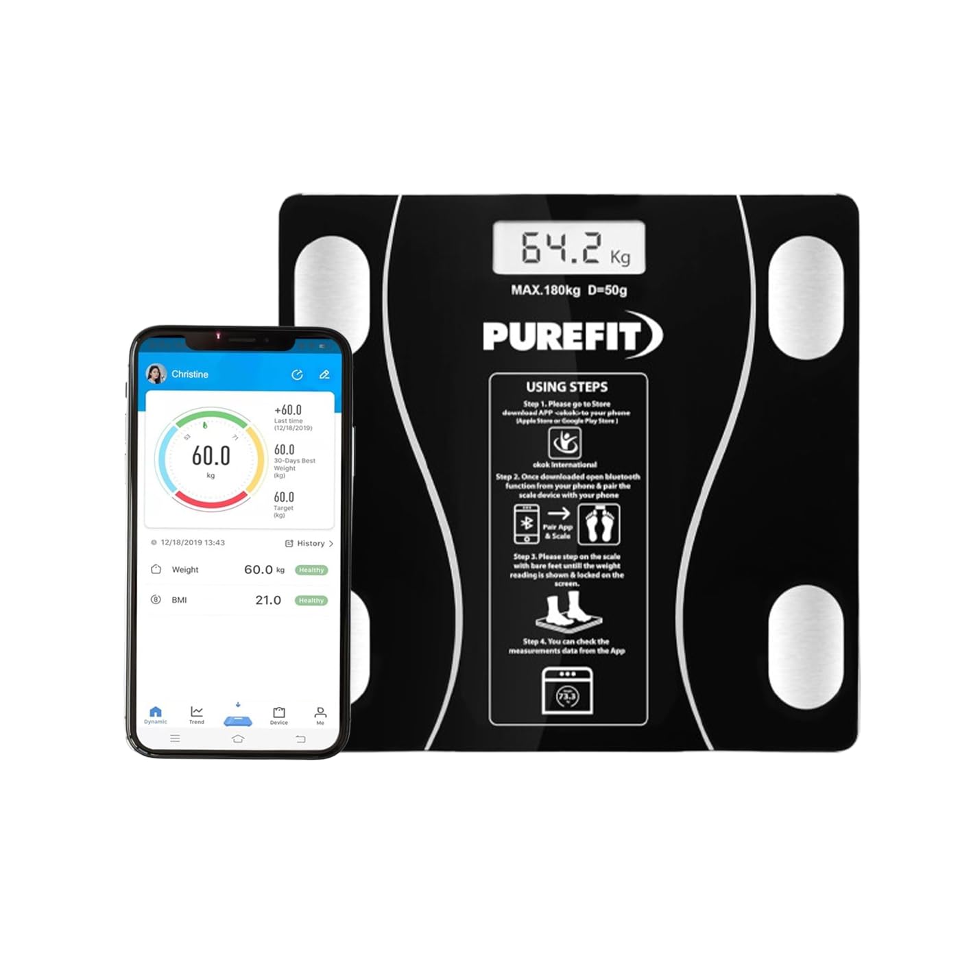 PUREFIT Digital Body Fat Scale Smart App Controlled With 13 Key Body ...