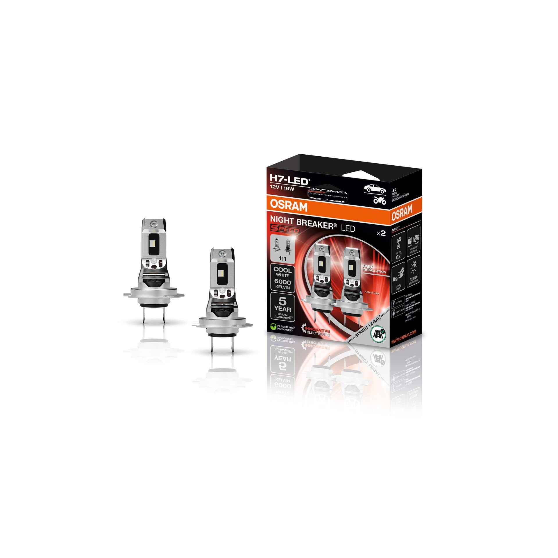 OSRAM Night Breaker LED Speed H7, LED High and Low Beam with Road Legal ...