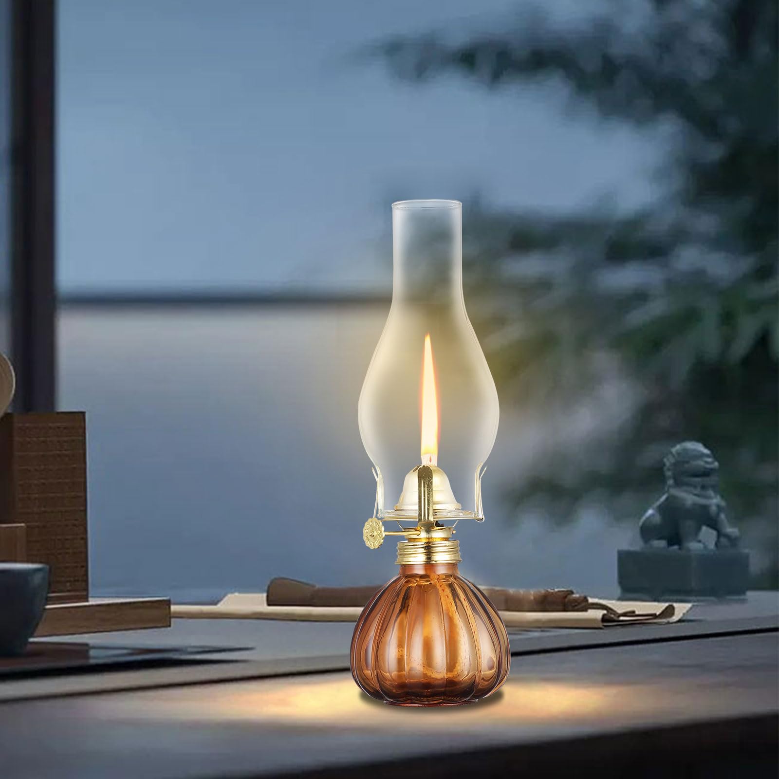 DNRVK 2 Pieces Vintage Oil Lamp Color Glass Kerosene Lamp Lantern 11 ...