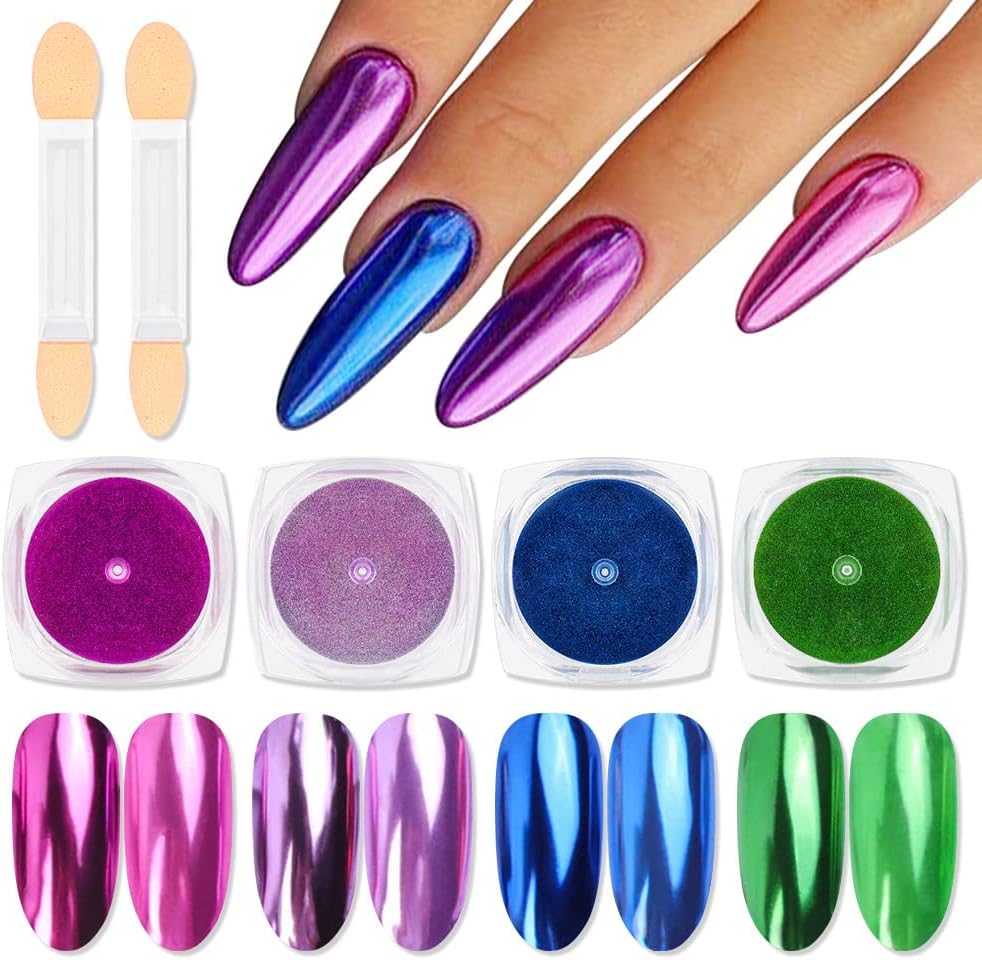 Amazon.com : 4 Bottles Pink Purple Pearl Mermaid Chrome Nail Powder Kit ...