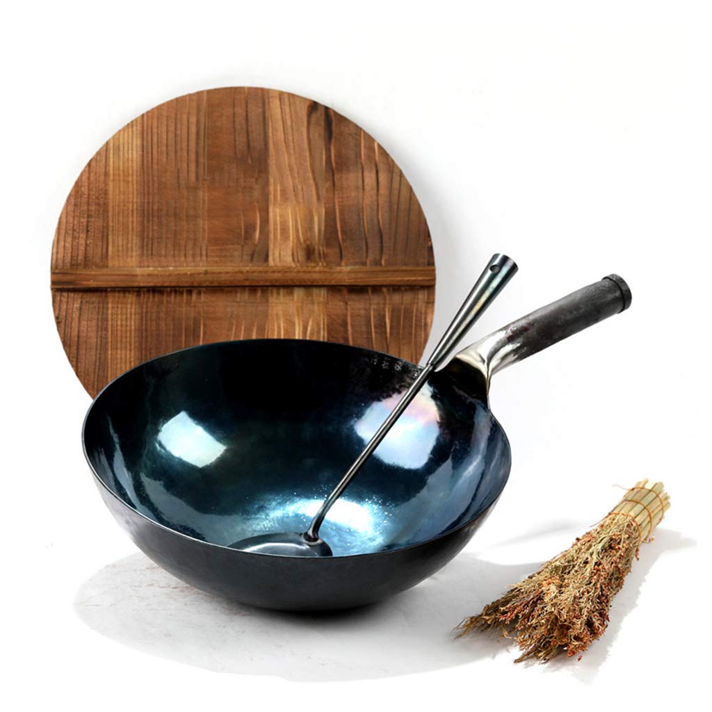 Buy ADKINC 14 inch Traditional Hand Hammered Cast Iron Wok, with Wok ...