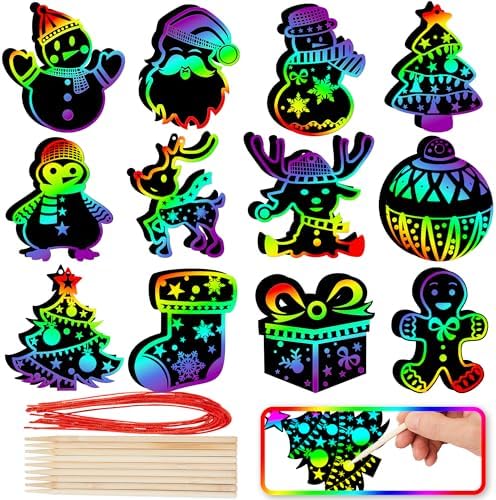 JOYIN 120 Pcs Christmas Scratch Art Ornaments, Rainbow Color Scratch ...