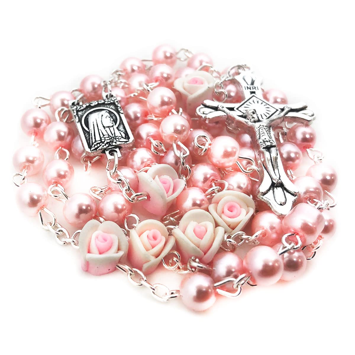 Amazon.com: Angelic Pink Rose Rosary Beads Catholic for Women ...