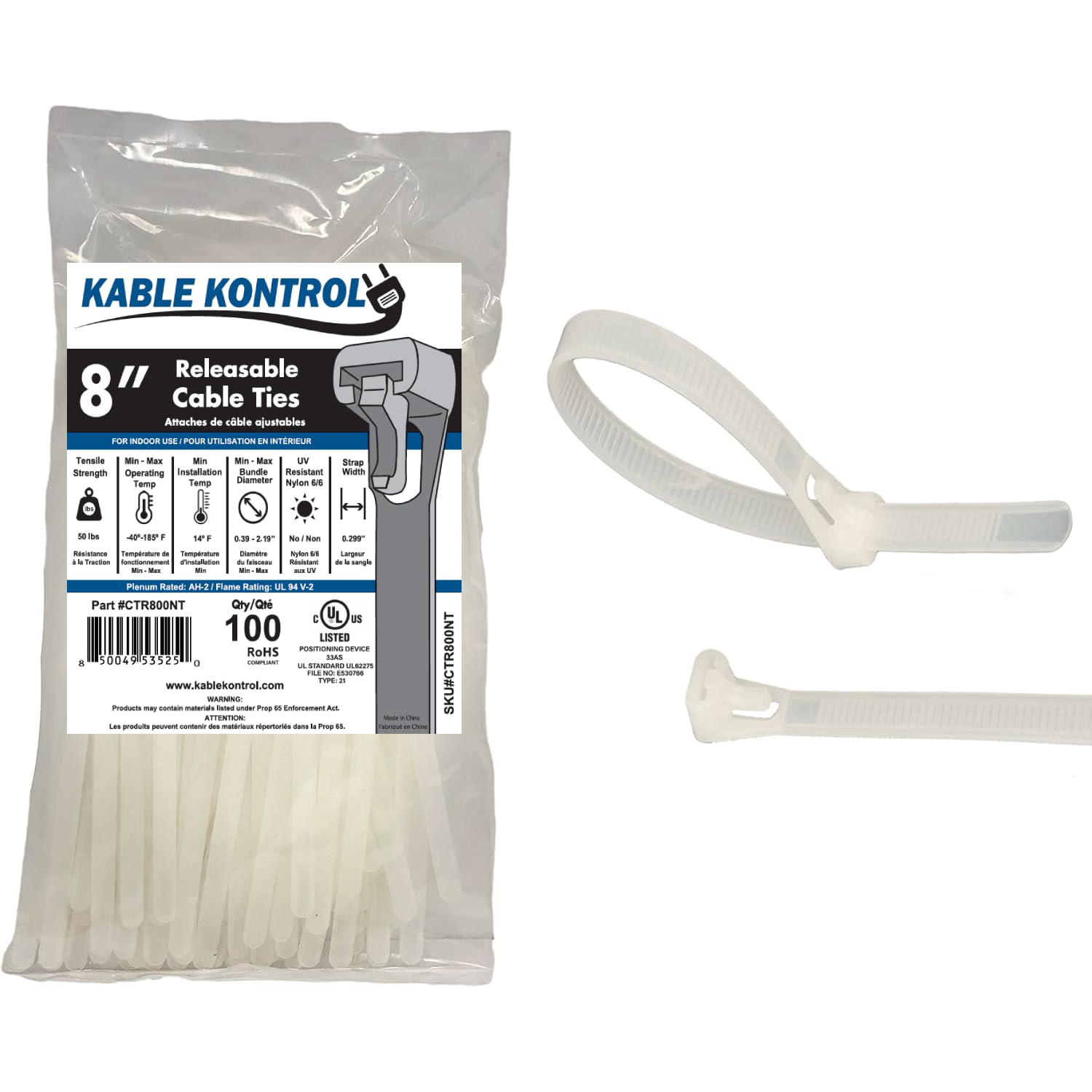 Amazon.com: Kable Kontrol Reusable Cable Zip Ties 8 Inch 100 Pcs White ...