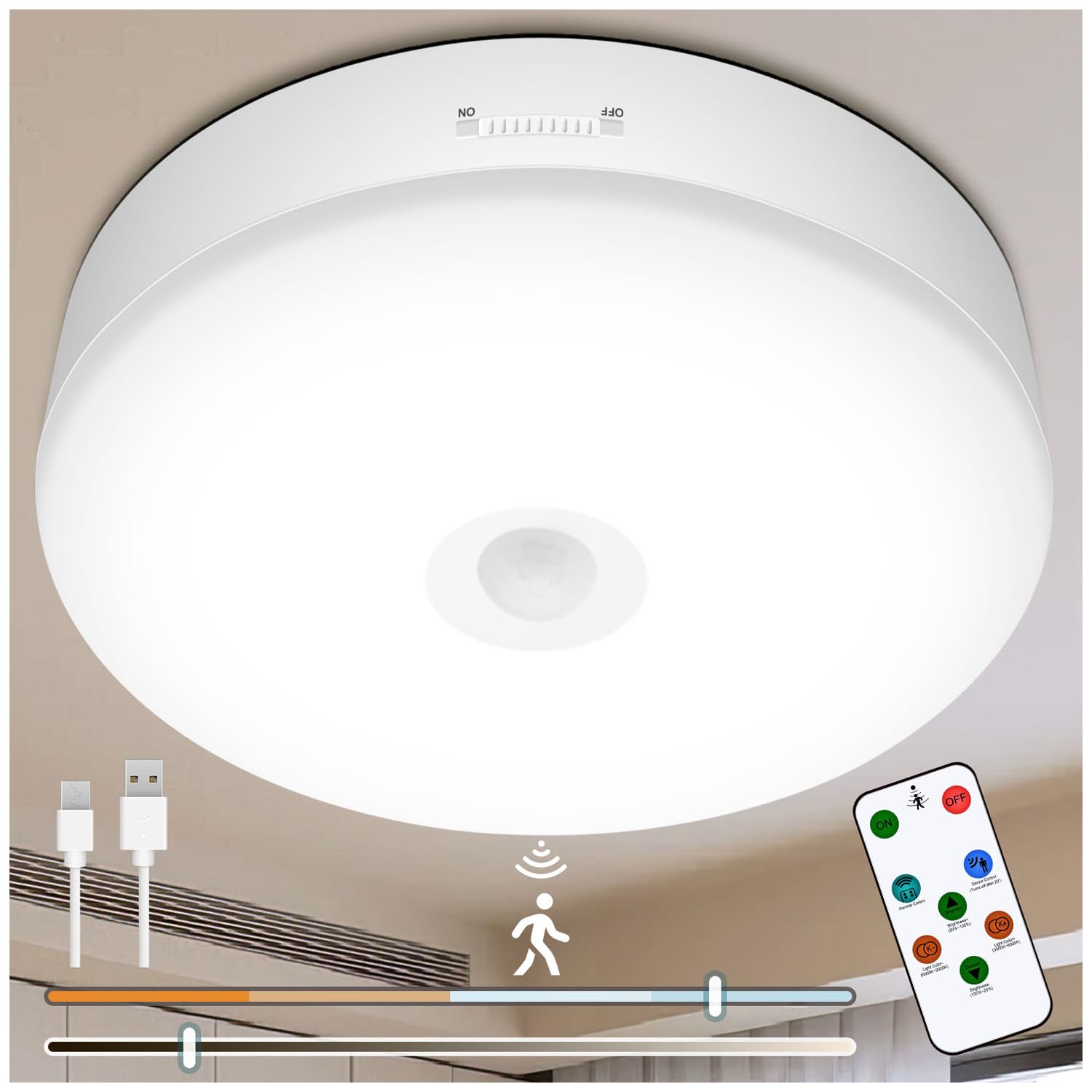 Yurnero Rechargeable Motion Sensor Ceiling Light with Remote 7.4 Inch ...