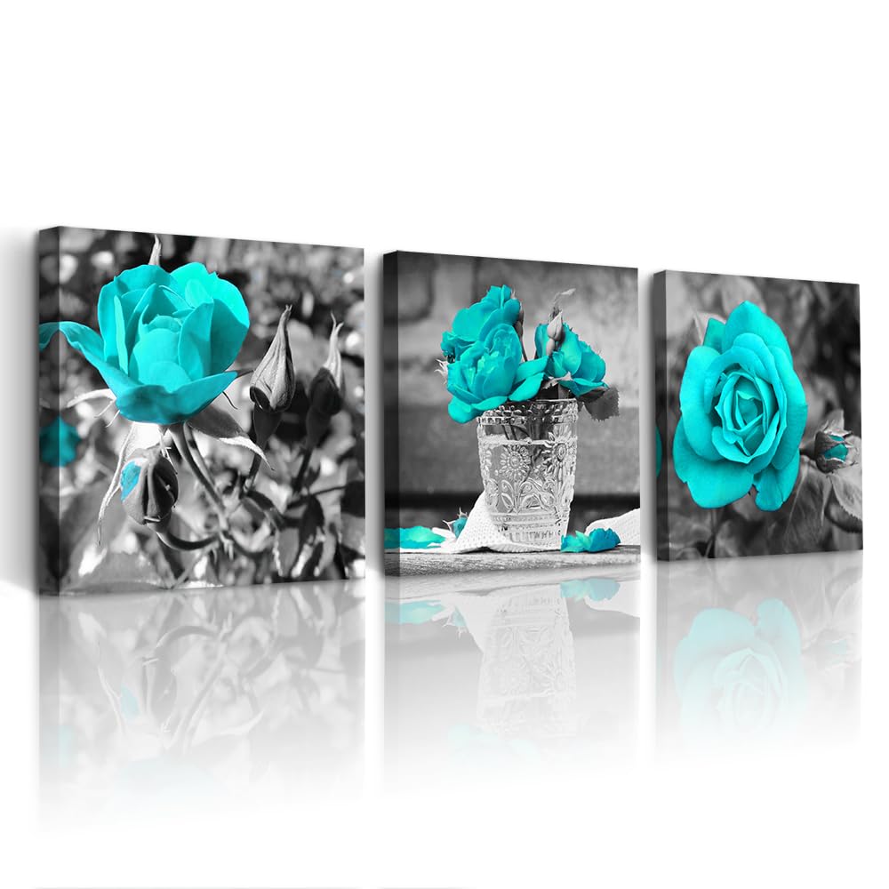 Amazon.com: DZRWUBHS Blue Rose Canvas Wall Art For Bedroom 3 Piece Wall ...
