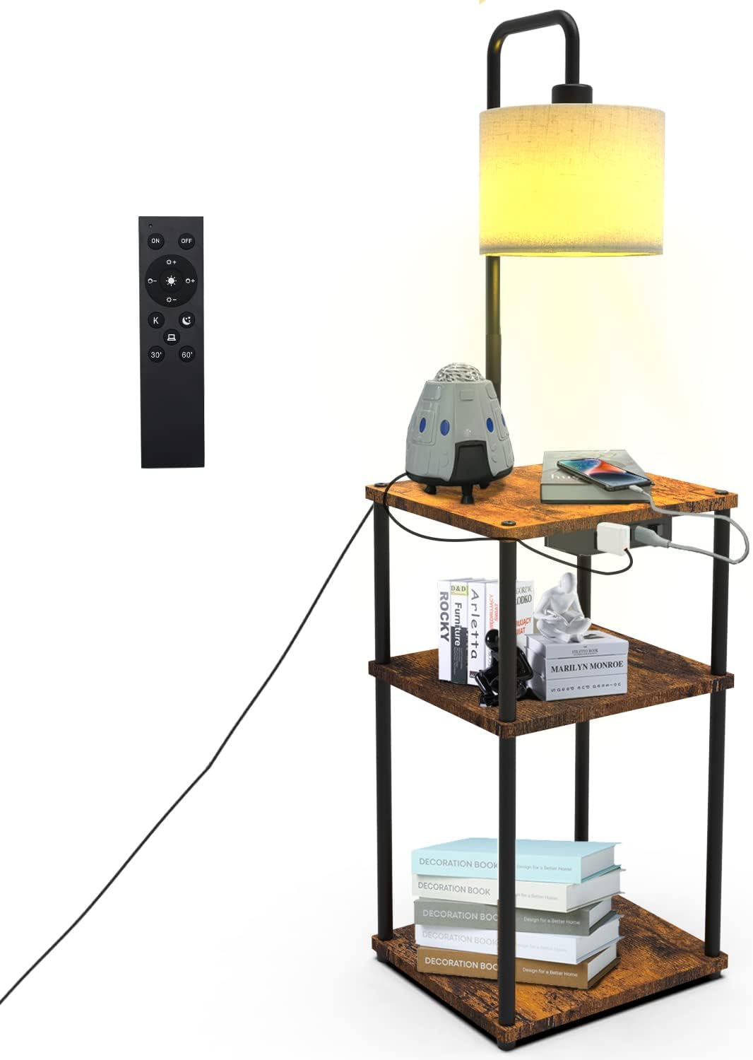 Hitish Floor Lamp with Table, Rustic End Table Lamp with USB Charging ...