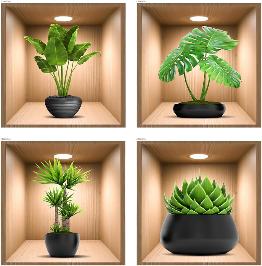 Amazon.com: 4Pcs Creative 3DGreen Plants Wall Sticker Creative DIY Peel ...