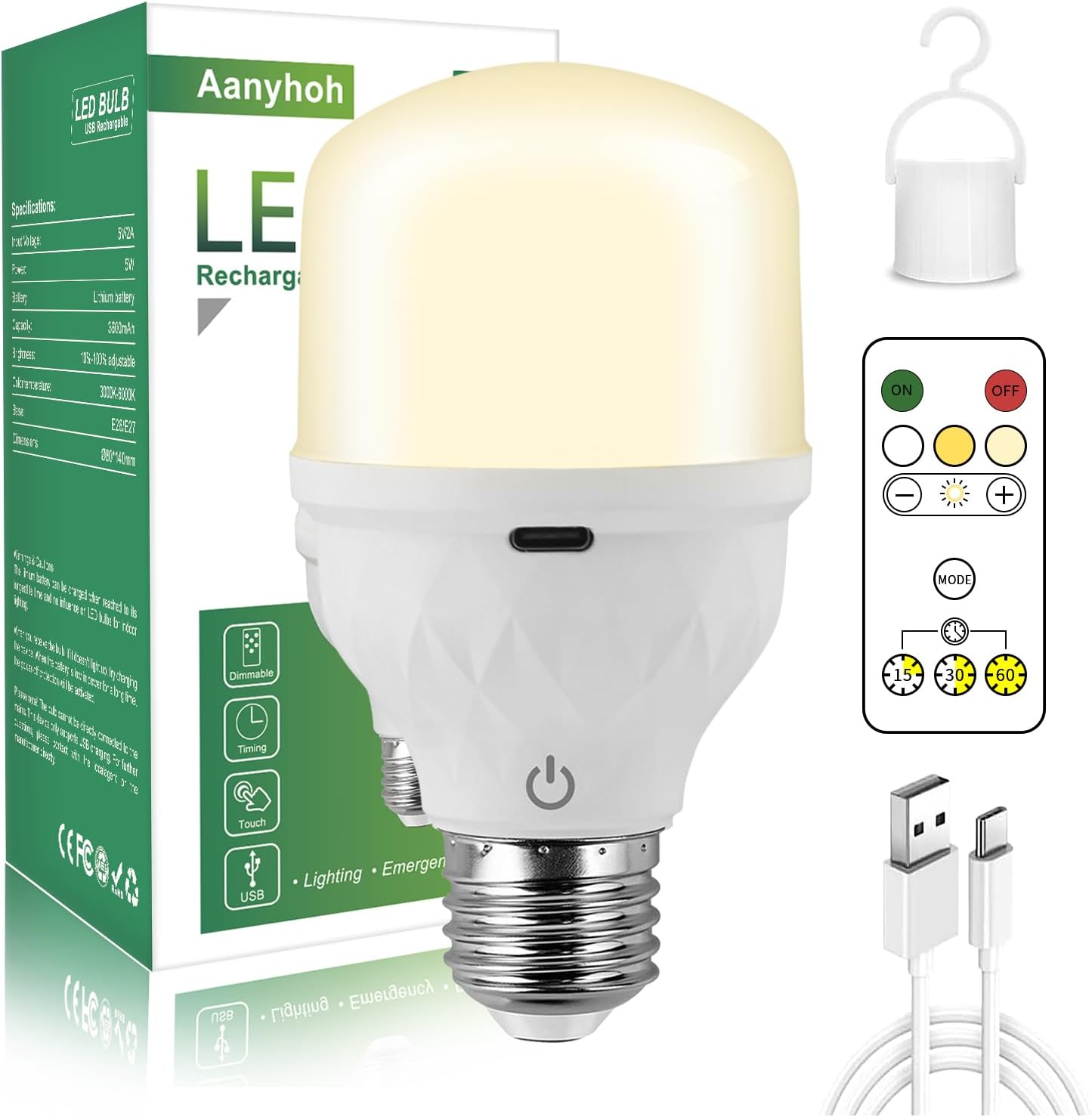 USB Rechargeable Light Bulb with Remote Control, 5W LED Battery Powered ...