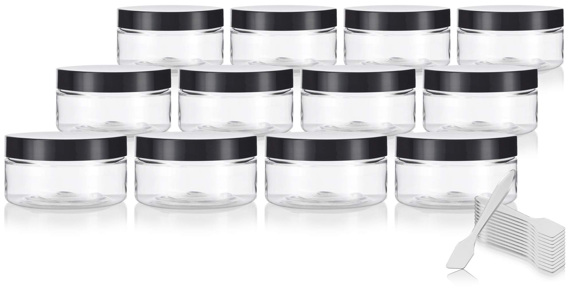 Buy 8 oz Clear PET Plastic Low Profile Jar with Black Smooth Lids 12 ...