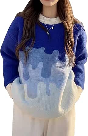 Women Abstract Sweater Graphic Knit Sweater Vintage Oversized Long ...