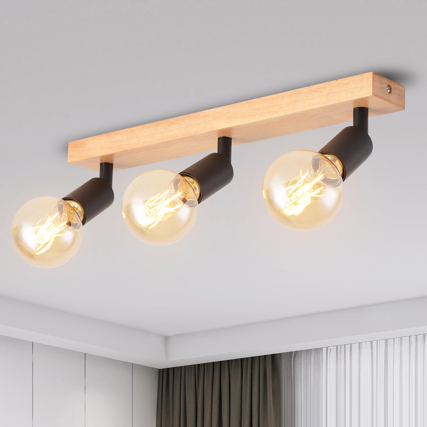 ANWIO Black Retro Wood Ceiling Light Fitting,3 Way Spot Light Ceiling ...