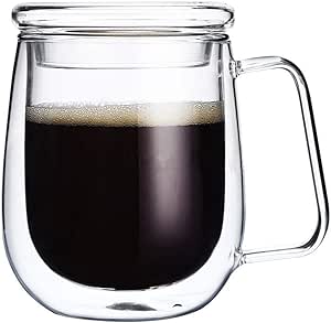 Amazon.com | Borosilicate Glass Coffee Mug with Lid Handle,16 oz Double ...