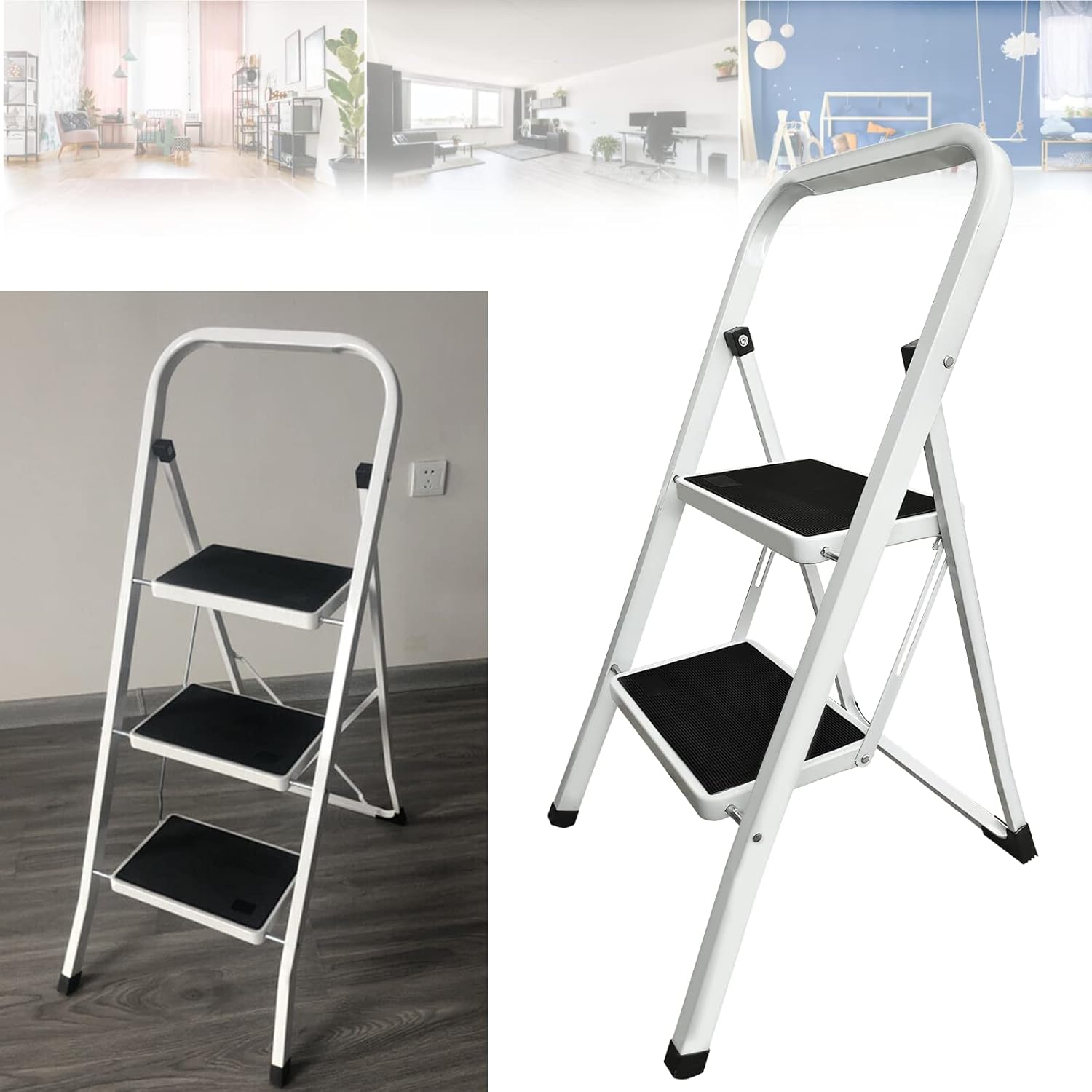 Foldable Two Step Stools with Safety Handrails for Adults, Heavy Duty ...