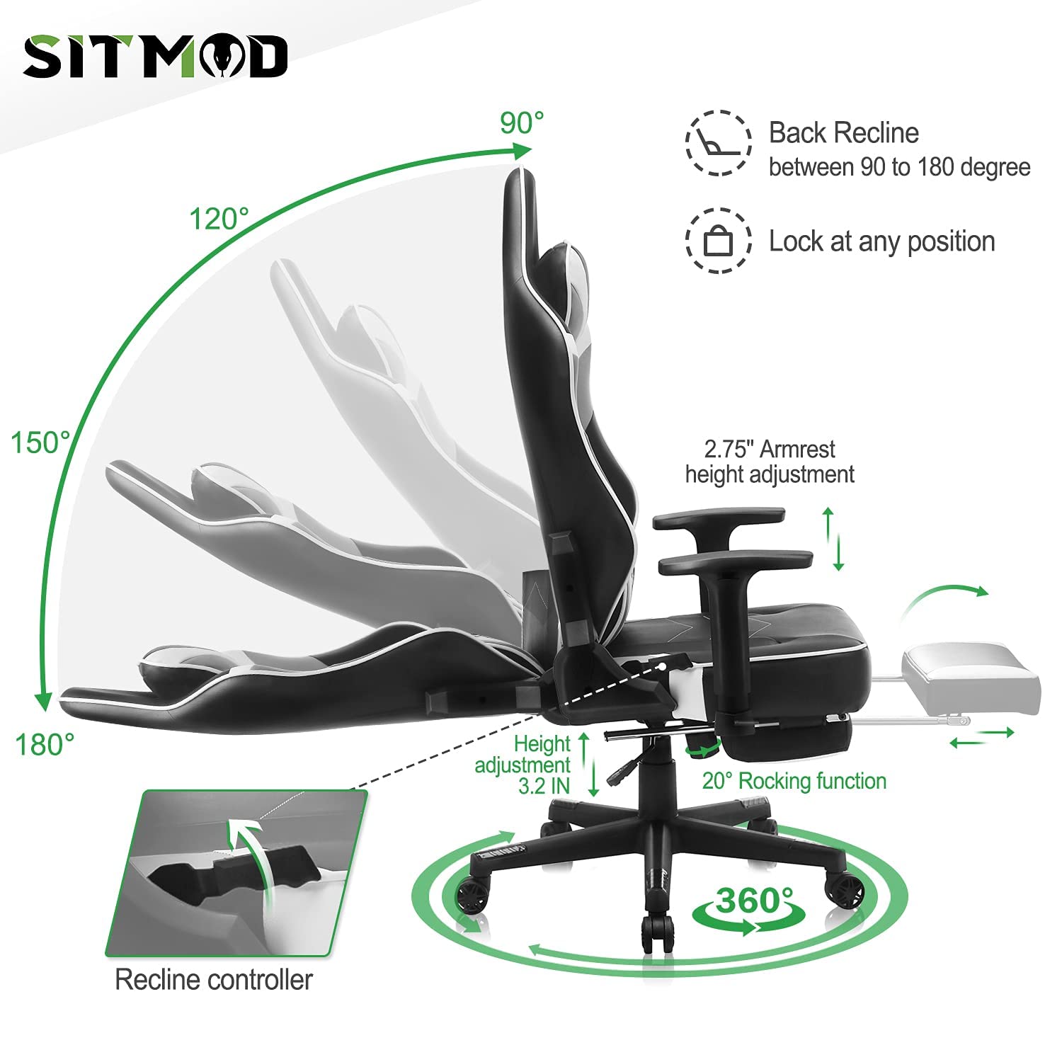 sitmod White Gaming Chair with Massage Video Gaming Chairs for Adults ...
