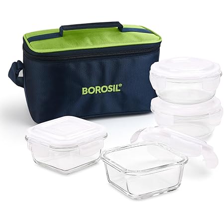 Buy Borosil Alfa Glass Lunch Box Green, Set of 4 (2pcs 320 ml Square + 2pcs 240 ml Round) Uni ...