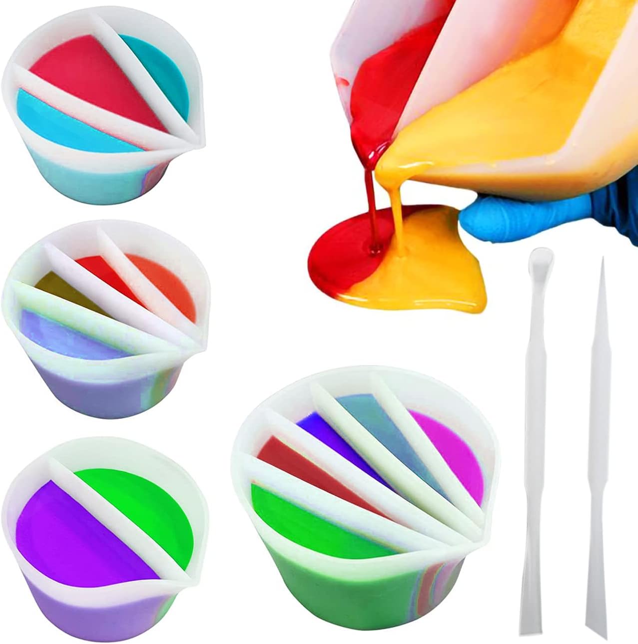 4 Pack Split Cups + 2 Pcs Stir Stick, Silicone Cup with 2-5 Channels ...
