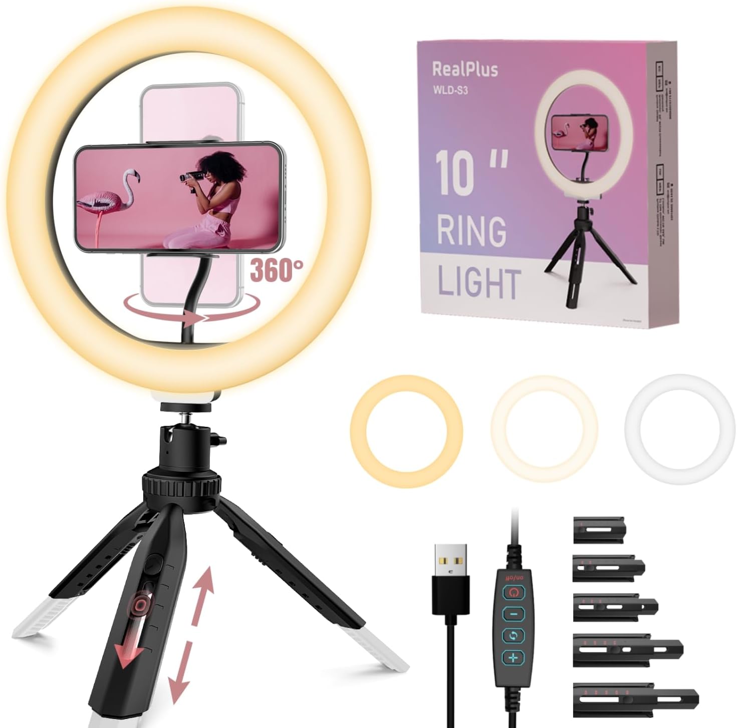 RealPlus LED Ring Light, 10" Ring Light with Tripod Stand & Phone ...