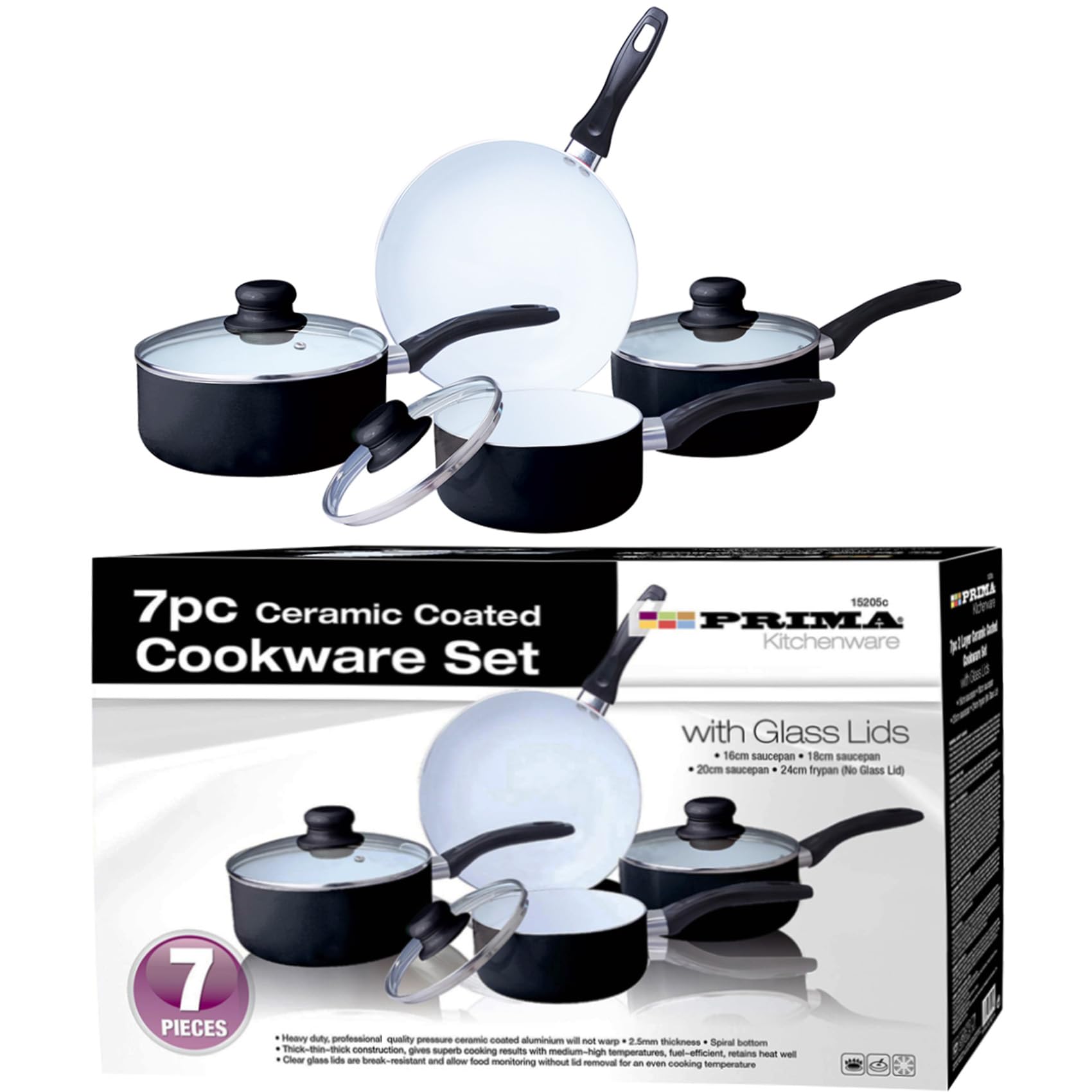 7 Pcs Prima Ceramic Coated Aluminium Black Cookware Set Non-Stick ...