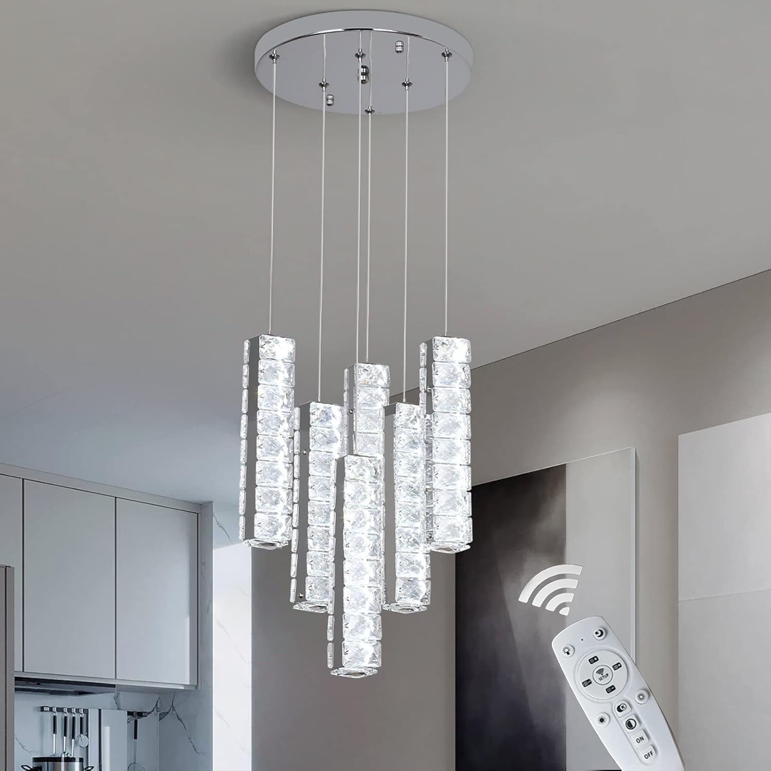 Vinilky 6-Lights Crystal Pendant Light with Remote, 3 Color Dimmable ...