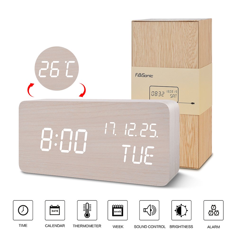 Fibisonic Led Wooden Clock Usb Charging Built In Battery Digital ...