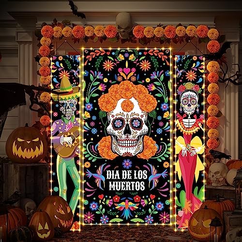 Amazon.com: Preboun 3 Pcs Lighted Day of the Dead Porch Sign Banner ...
