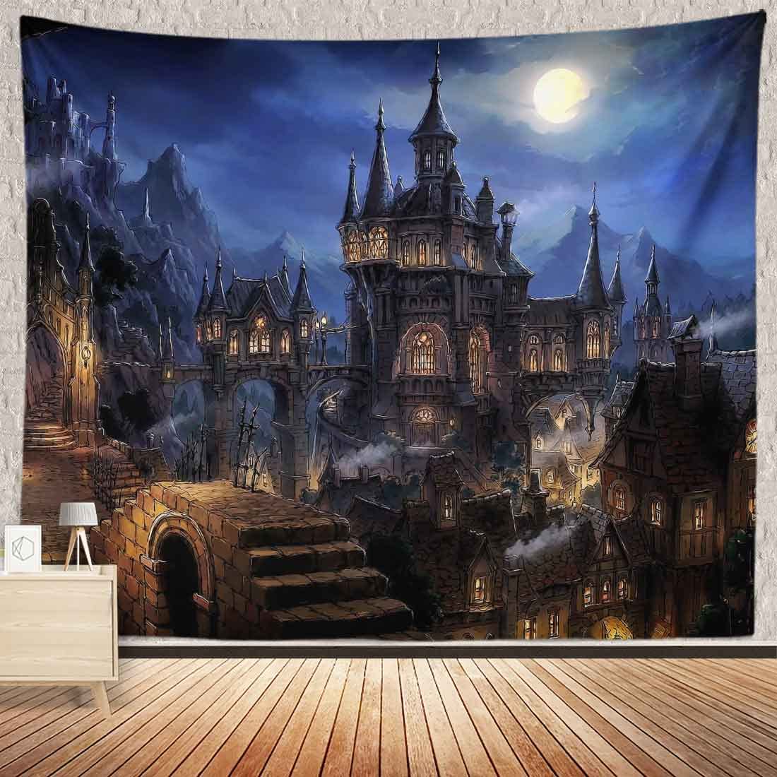 Amazon.com: BULOR Castle Full Moon Night Tapestry, Wolf Fantasy ...