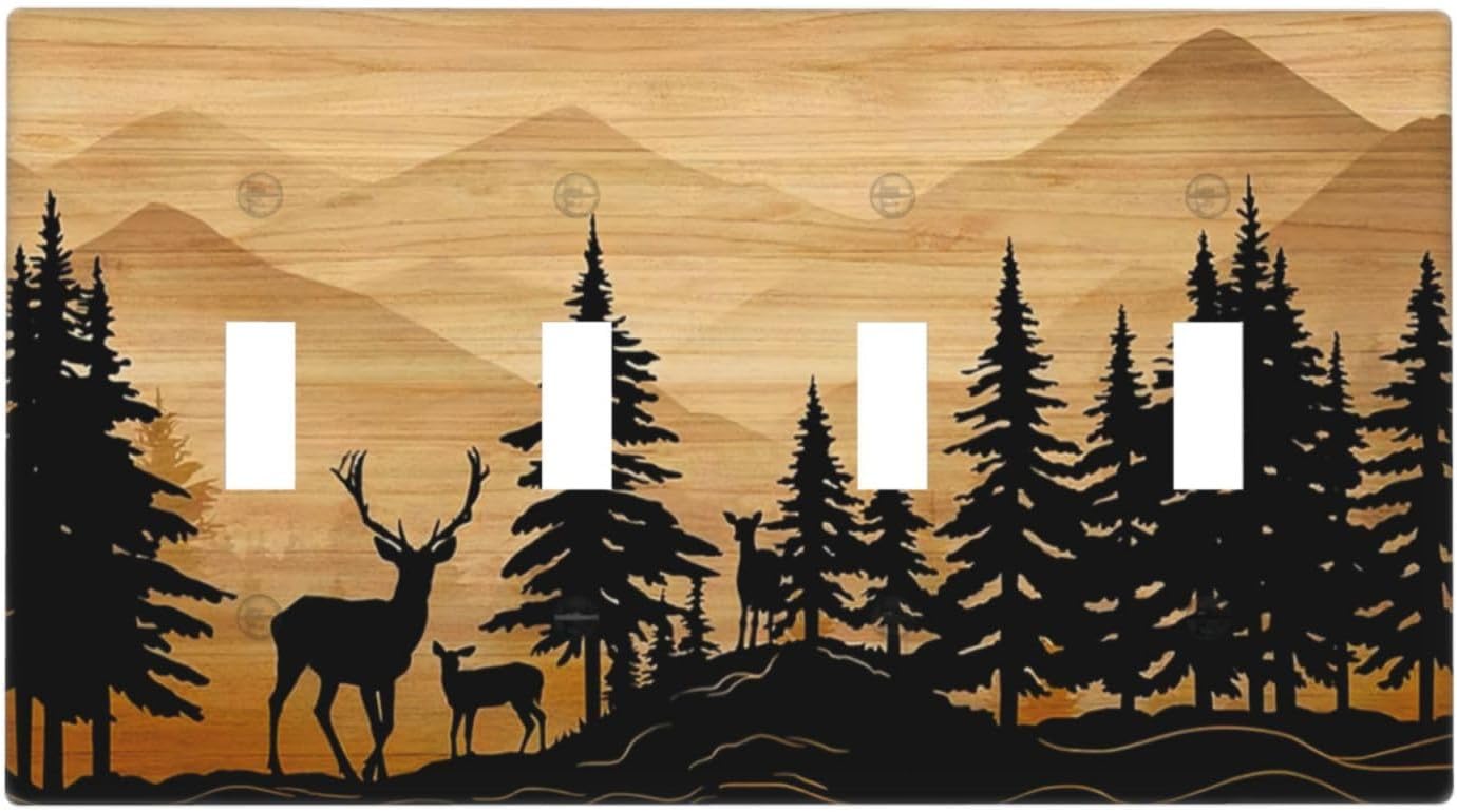 Algranben Rustic Forest Pine Tree Wood 4 Gang Single Toggle Light ...