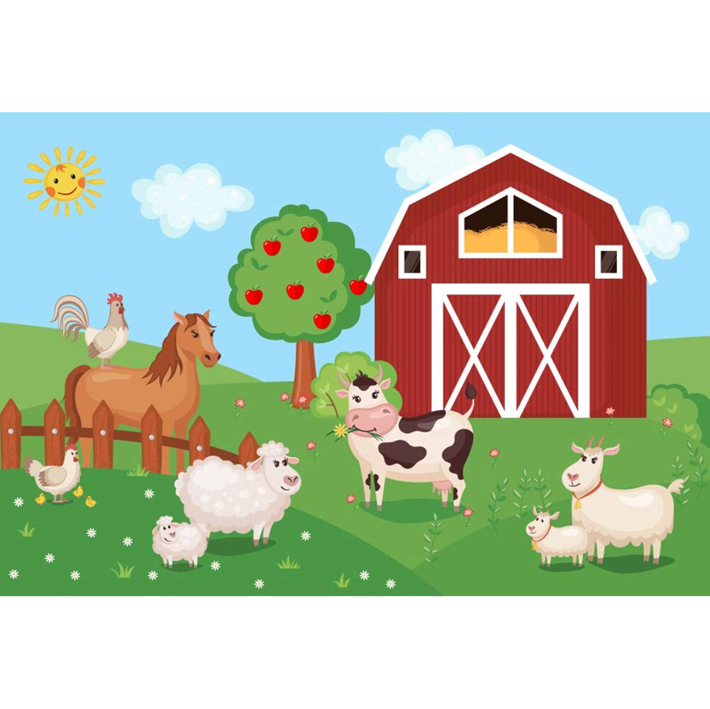 Buy Renaiss 10x8ft Cartoon Farm Backdrop Red Barn Apple Trees Cute Farm ...