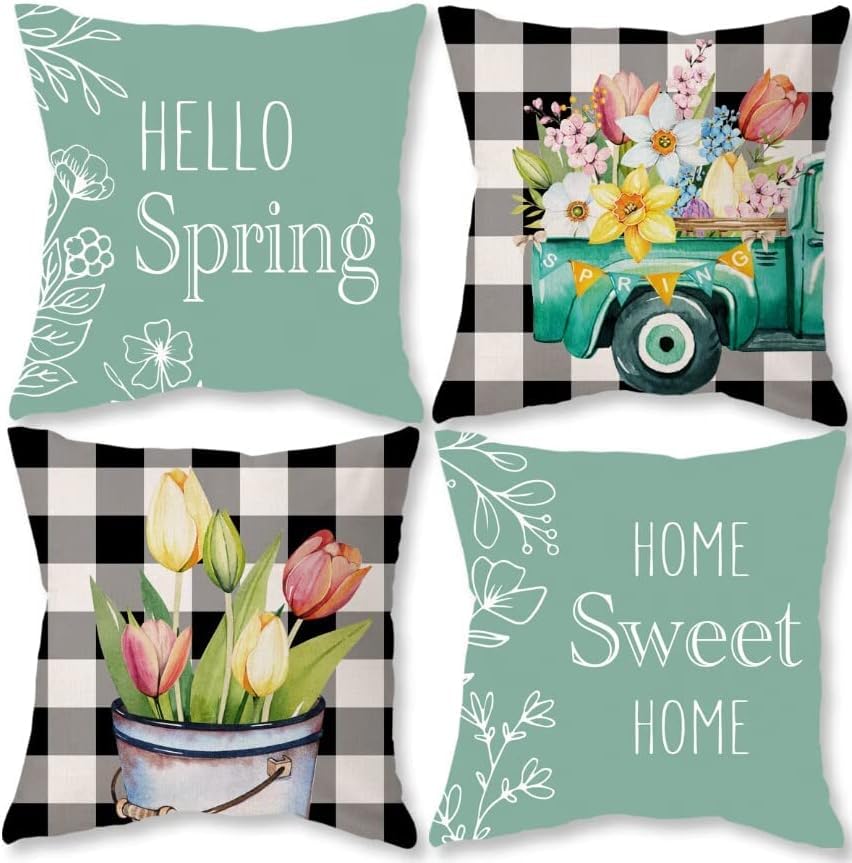 Amazon.com: ONWAY Spring Pillow Covers 16x16 Set of 4 Buffalo Plaid ...