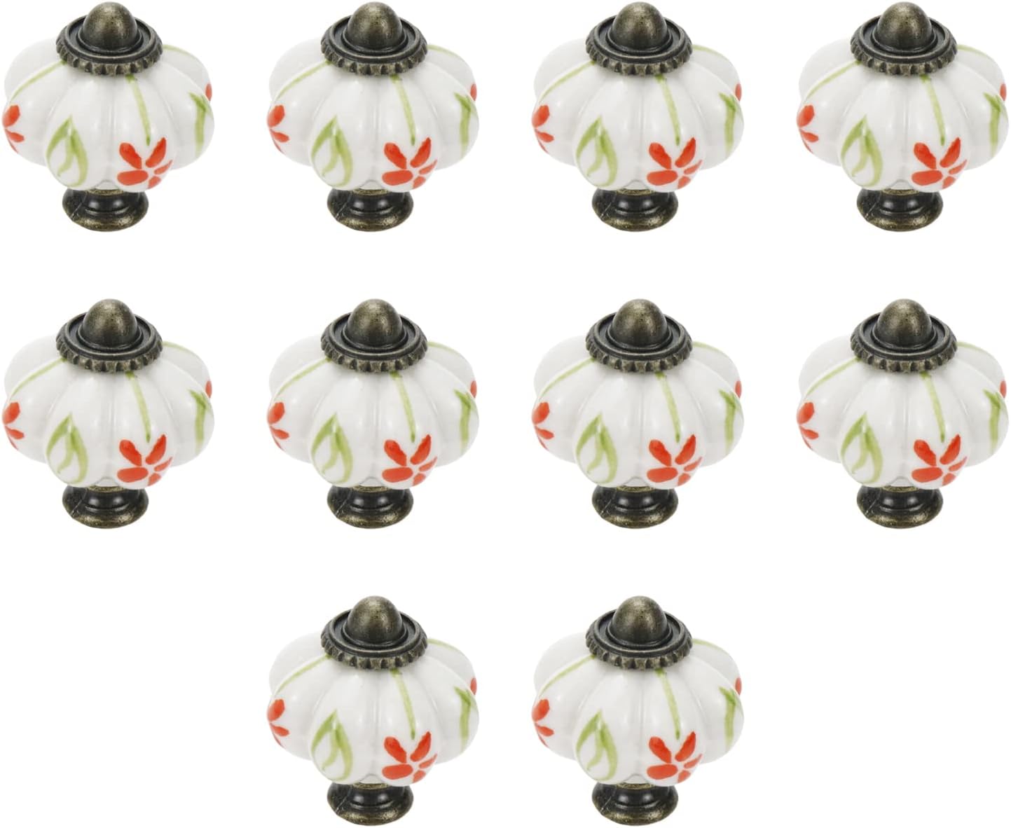 Wealrit 10 Pcs Vintage Pumpkin Ceramic Drawer Knobs Red and White Hand Painted Decorative Round ...