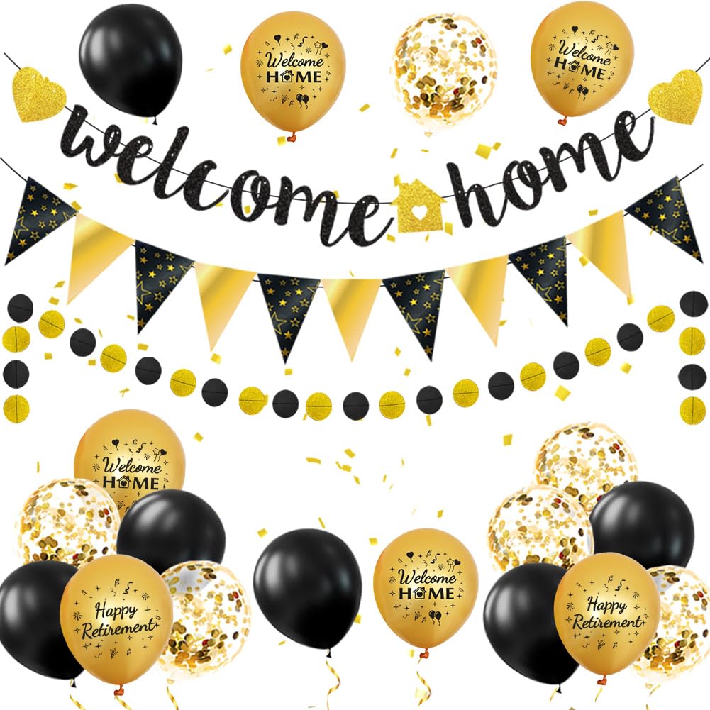 Welcome Home Decorations,Black Gold Welcome Home Banners Balloons Set ...